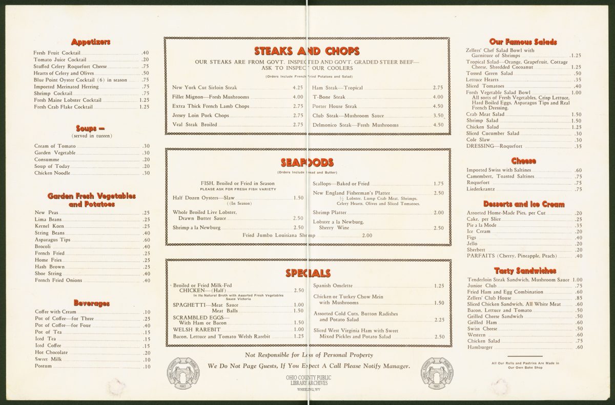 From Tea Rooms to Pitas: Four Menus from Historic Wheeling Restaurants ...